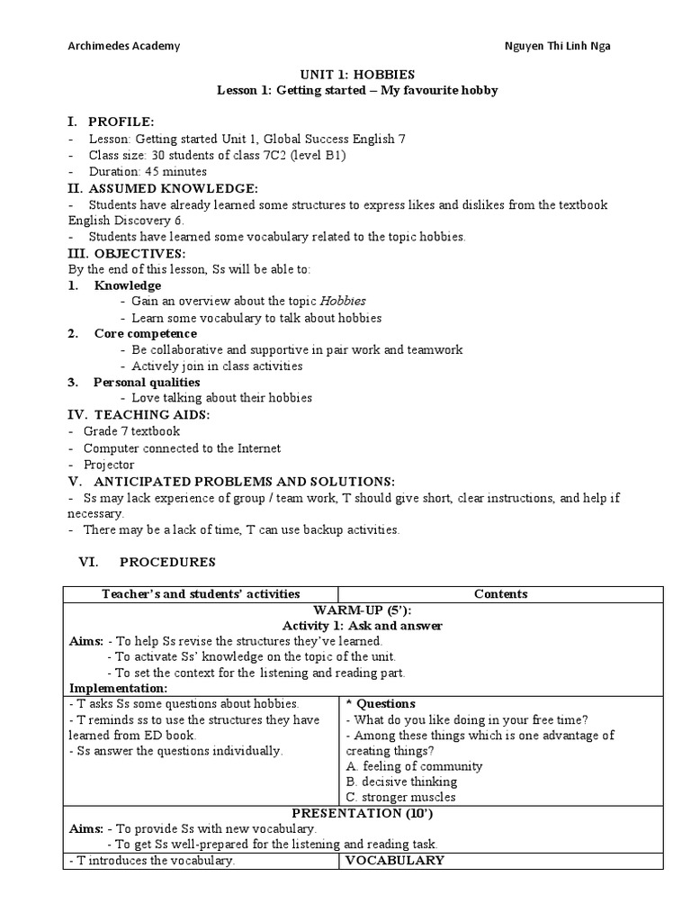 Lesson Plan Unit 1 GS | Download Free PDF | Verb | Noun