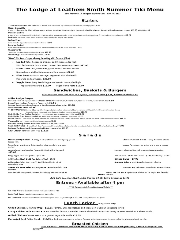 Lodge at Leathem Smith Tiki Menu | PDF | Hamburgers | Salad
