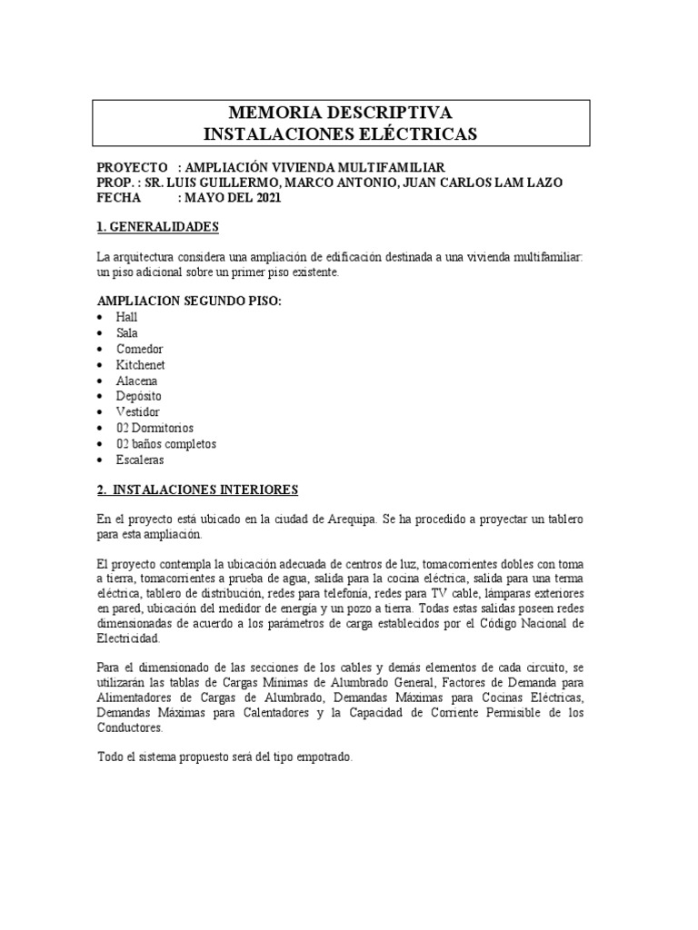 Memoria Descriptiva de Eléctricas | PDF