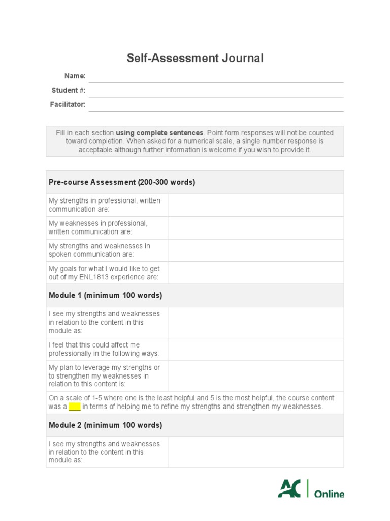 Self-Assessment Journal Template | Download Free PDF | Human ...