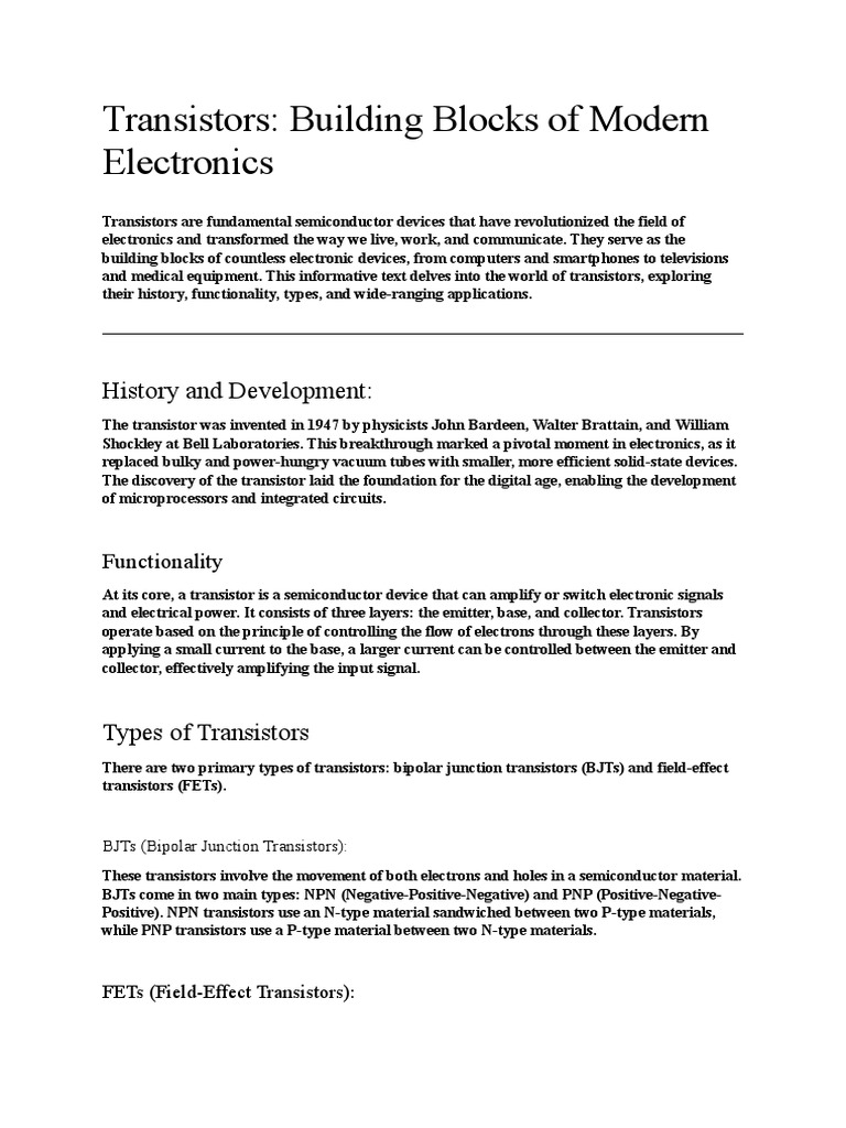 Transistors Building Blocks Of Modern Electronics Pdf Transistor