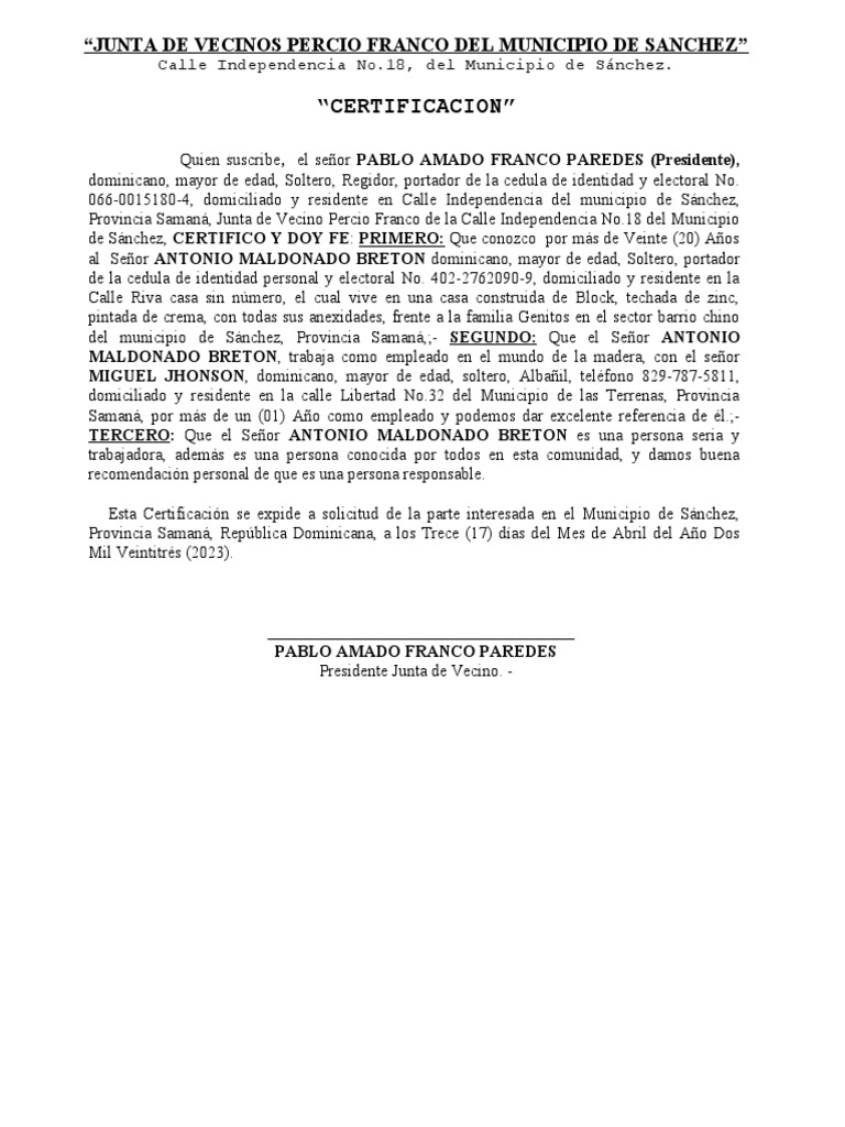Certificacion Junta de Vecinos Percio Franco de Antonio | PDF