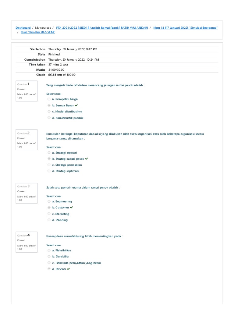Quiz - Kisi-Kisi UAS SCM - Attempt Review | PDF
