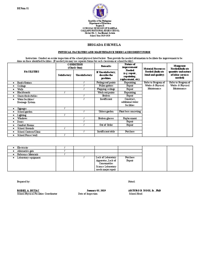 BE Form 1 PHYSICAL FACILITIES AND MAINTENANCE NEEDS ASSESSMENT FORM | PDF