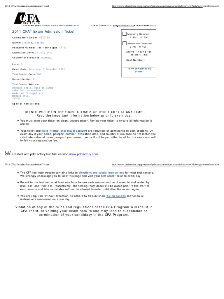 2011 CFA Examination Admission Ticket | PDF