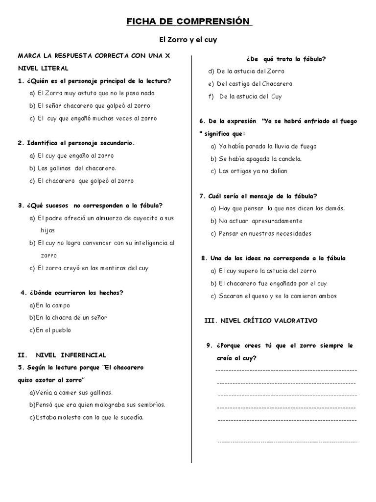 Comprension El Zorro y El Cuy | PDF | Fábula