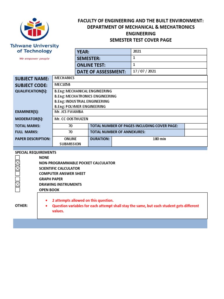 MEC105B TEST 01 July 2021 | PDF