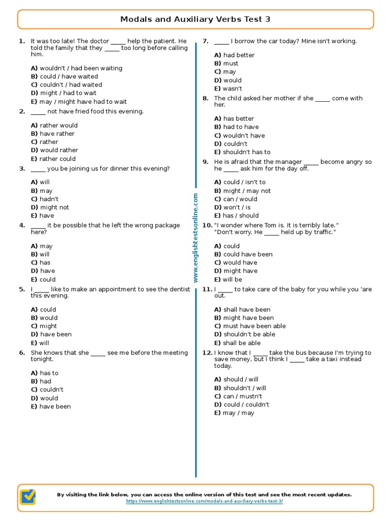 1830 - Modals and Auxiliary Verbs Test 3 | PDF