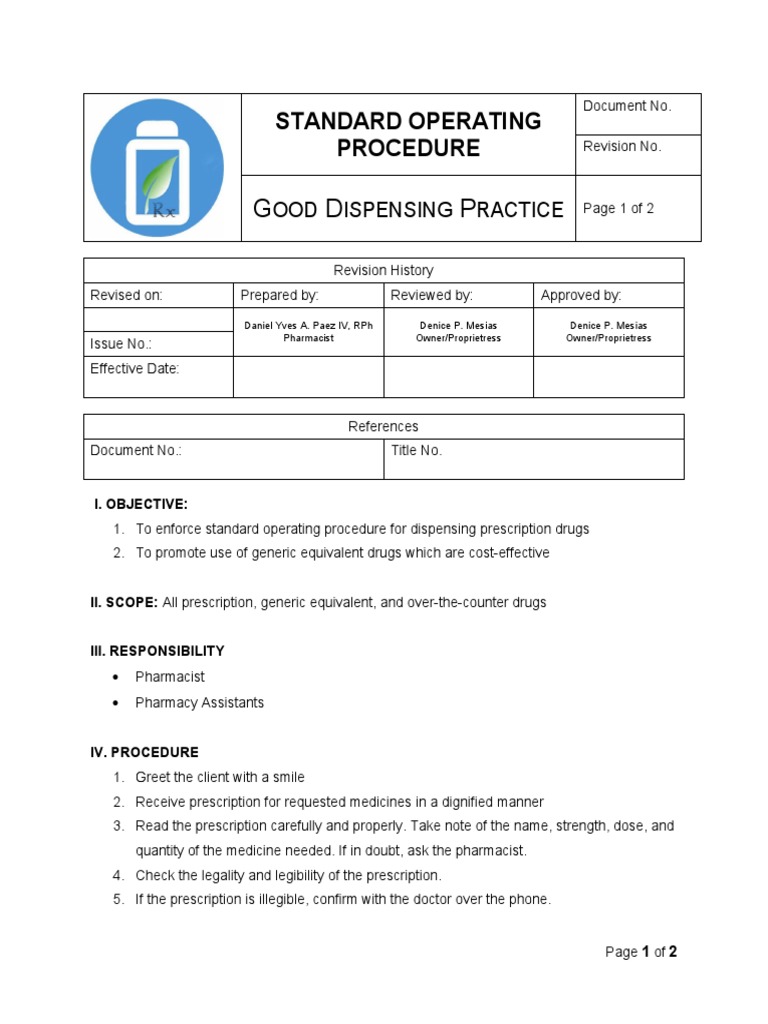 Standard Operating Procedure Good Dispensing Practice | PDF | Medical ...