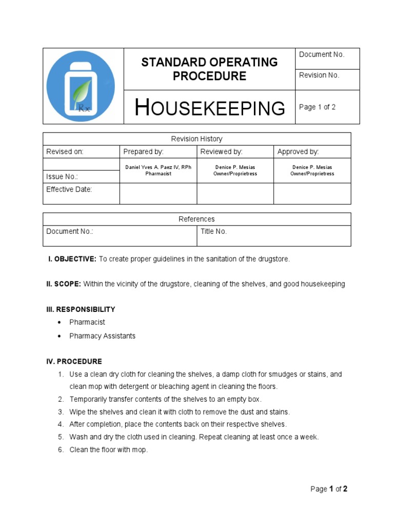Standard Operating Procedure Housekeeping | PDF