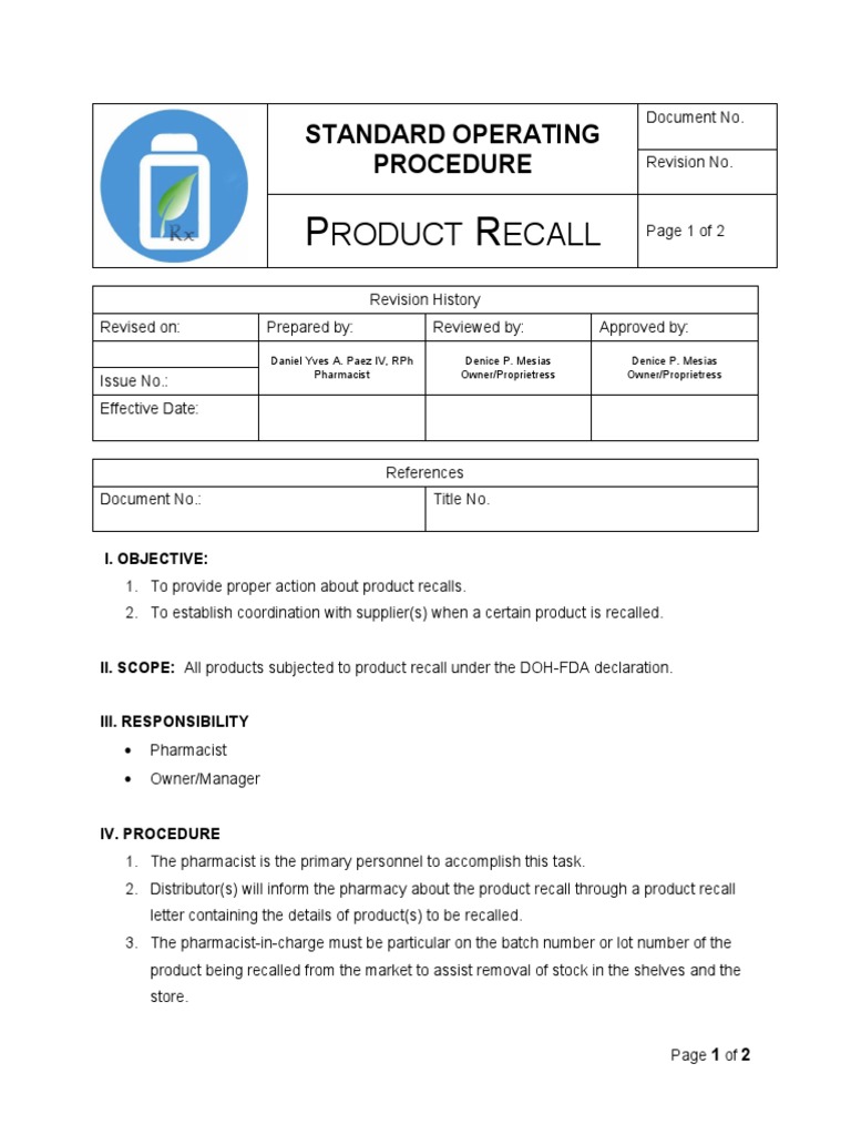 Standard Operating Procedure Product Recall | PDF