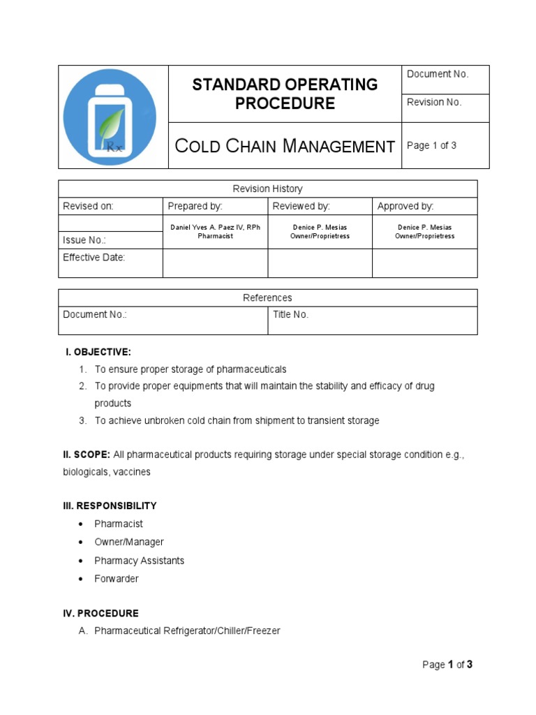 Standard Operating Procedure Cold Chain Management | PDF | Pharmacy ...