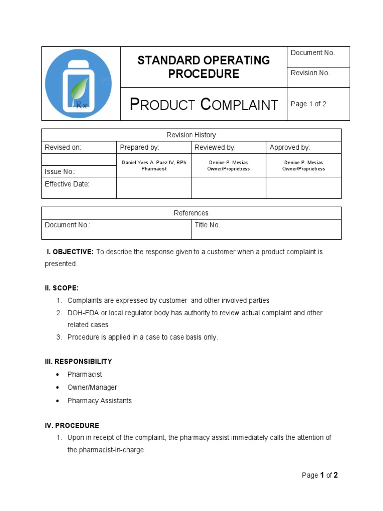 Standard Operating Procedure Product Complaint | PDF