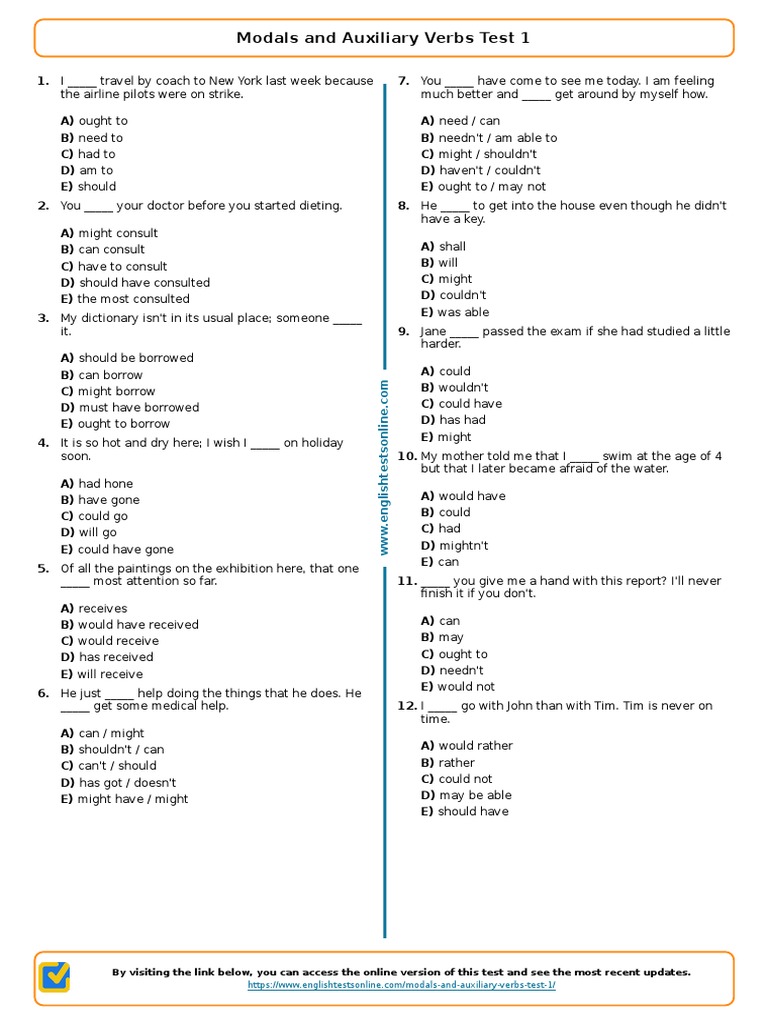 1828 - Modals and Auxiliary Verbs Test 1 | PDF | Linguistics