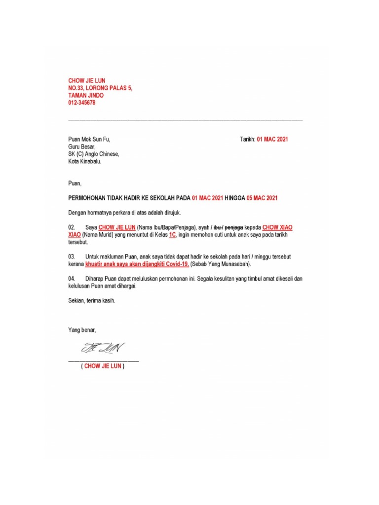 Contoh Surat Mohon Cuti Sekolah | PDF