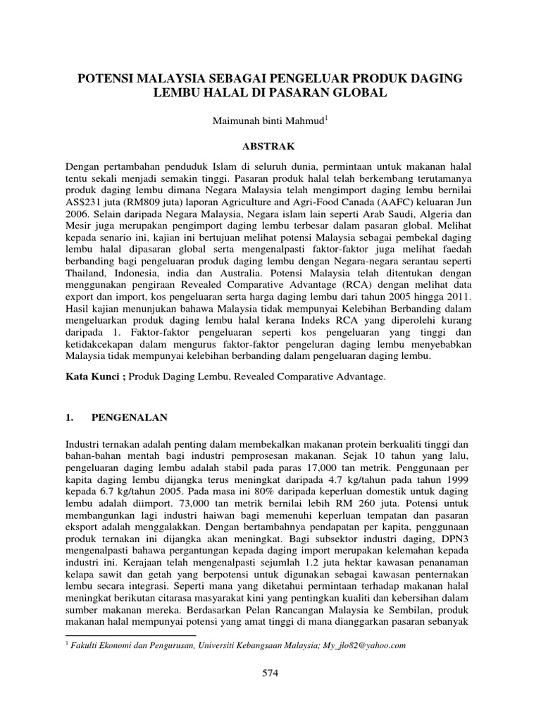 Potensi Malaysia Sebagai Pengeluar Produk Daging Lembu Halal Di Pasaran Global | PDF