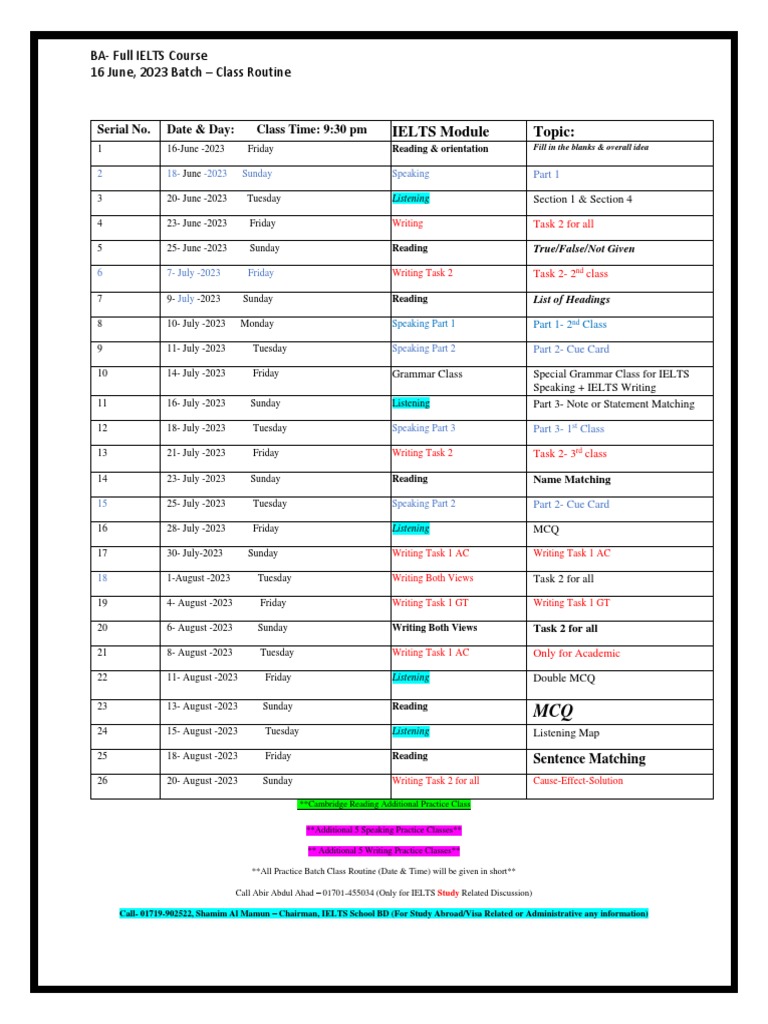 BA - 16 June, 2023 Full IELTS Course Revised Class Routine | PDF | International English ...
