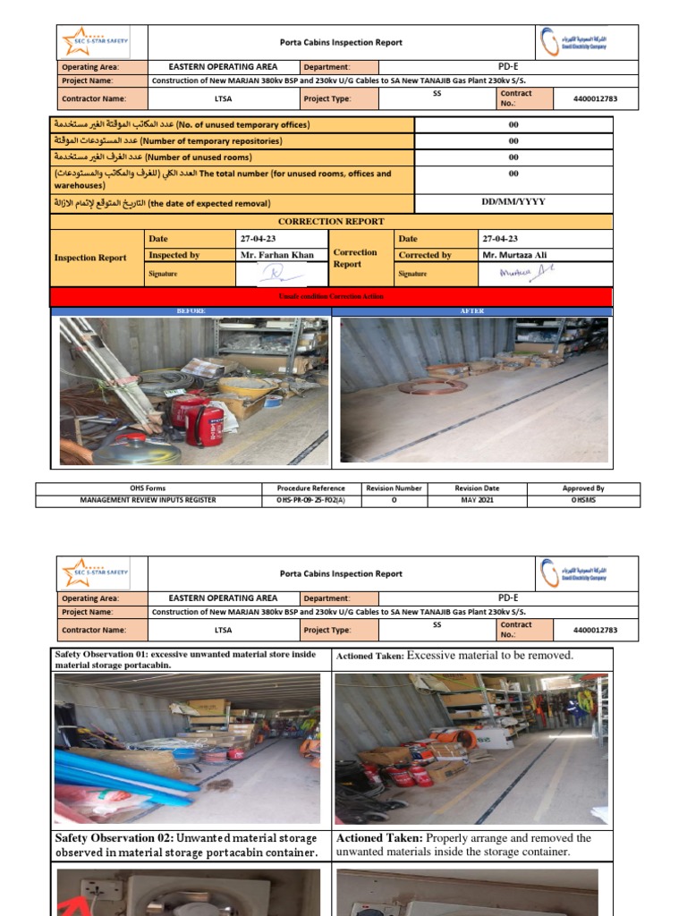 Porta Cabins Inspection Report-380 KV MARJAN BSP | PDF | Safety