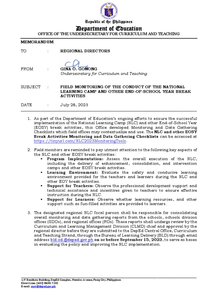 Memo of NLC Field Monitoring To Regions JULY 28 2023 | PDF | Learning ...