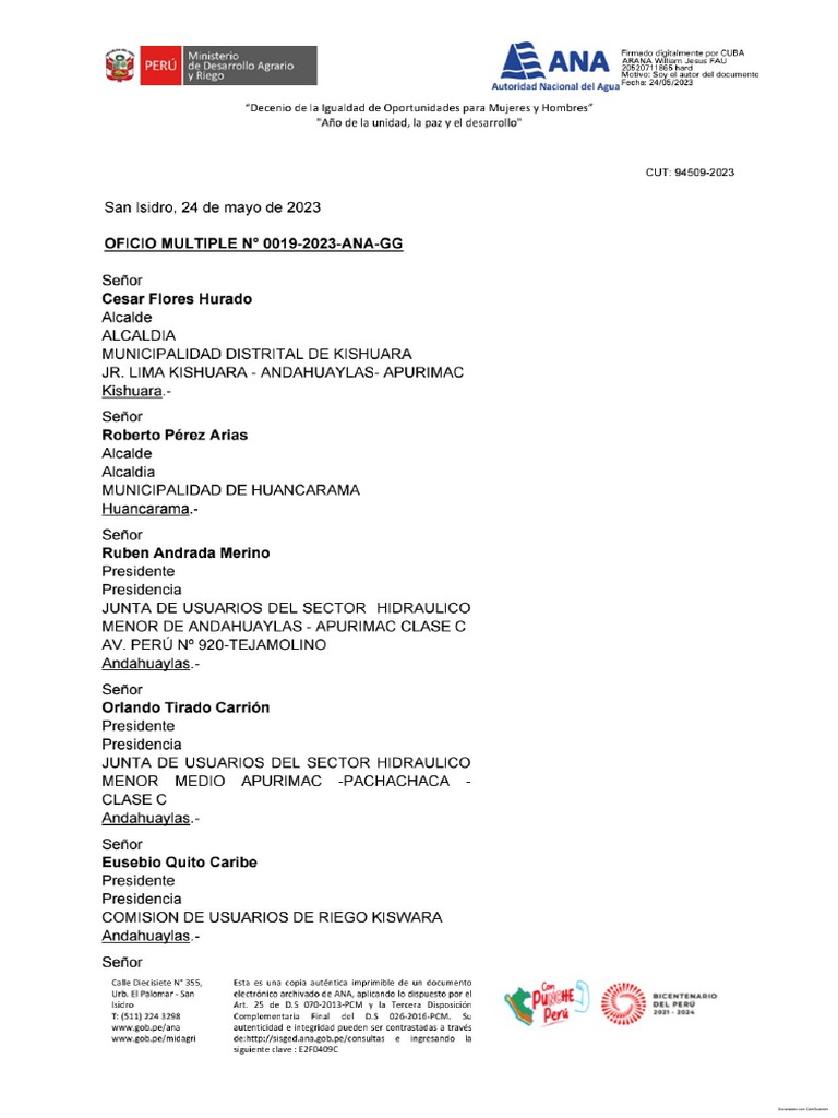 Oficio Multi 019 2023 Ana Gg Cut 94509 Pdf