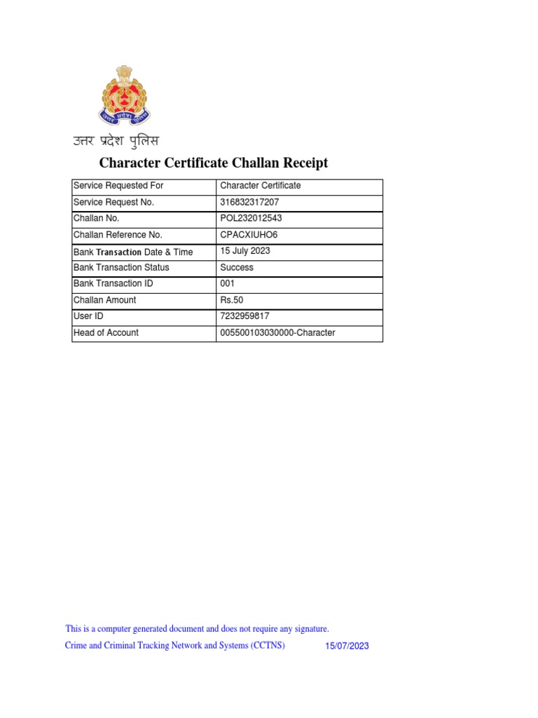Character Certificate Challan Receipt: Transaction | PDF
