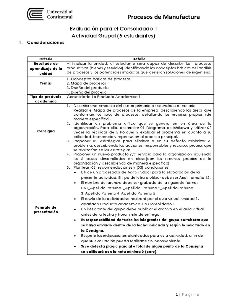 Producto Académico 01 de Procesos de Manufactura | PDF | Evaluación | Business