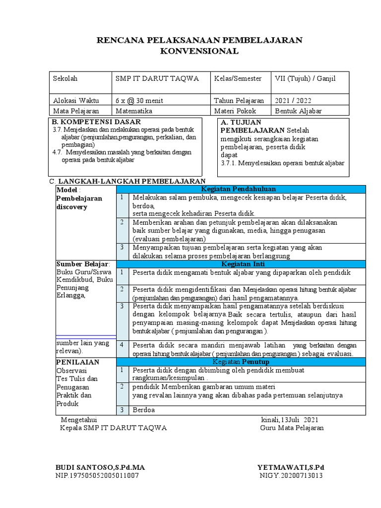 RPP Bentuk Aljabar Ok | PDF