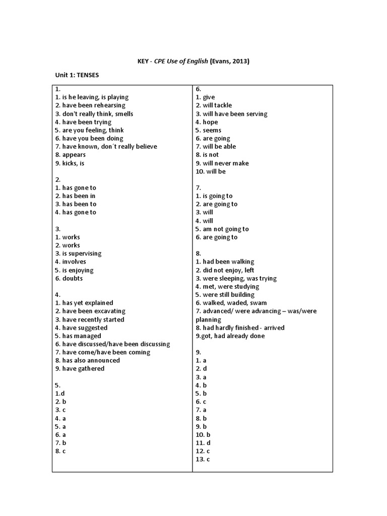 CPE Use of English KEY - Unit 1 Tenses A, B, C | PDF