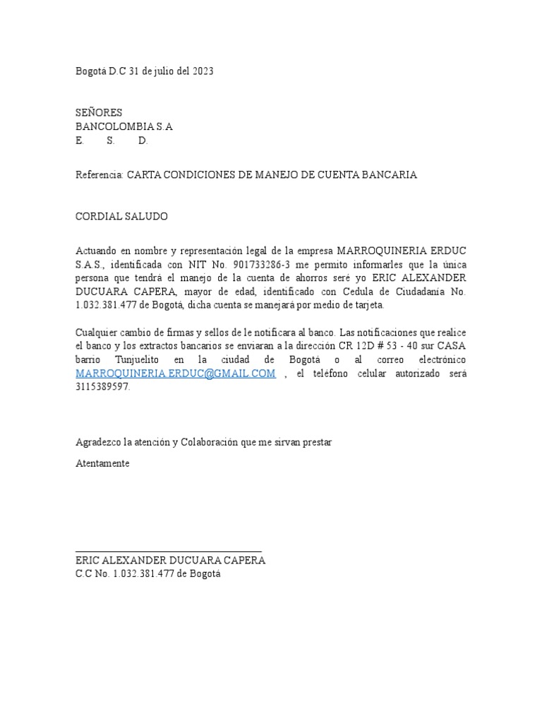 Carta Condiciones de Manejo de Cuenta Bancaria | PDF Carta Condiciones de Manejo de Cuenta Bancaria | PDF