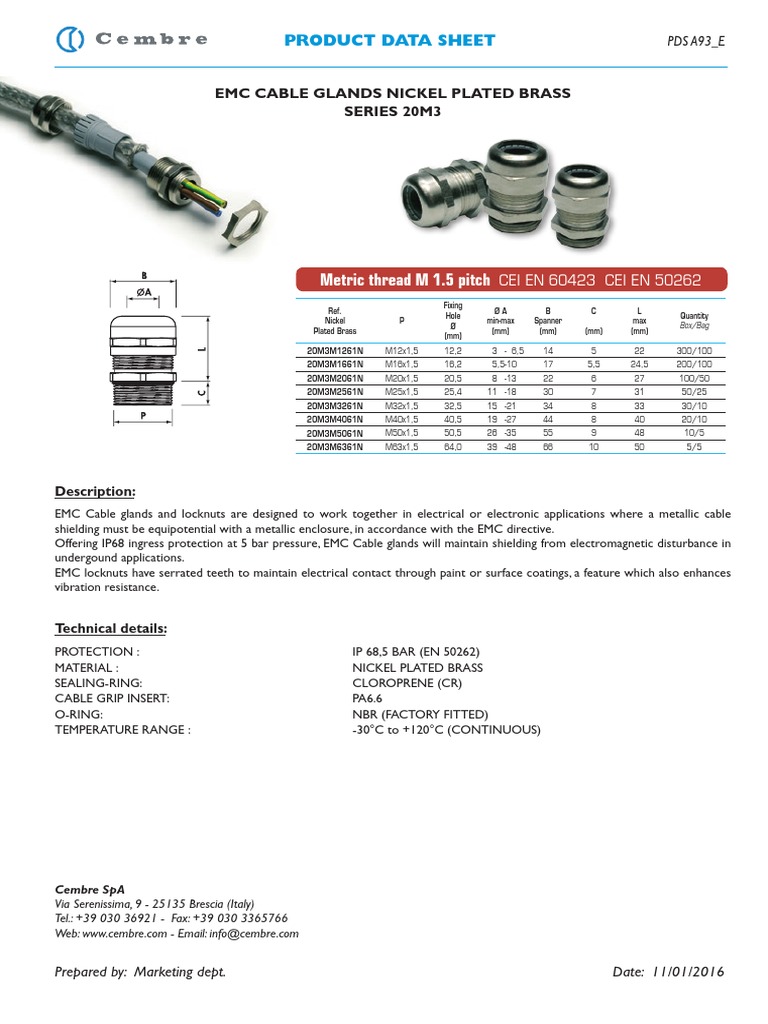 Emc Cable Glands 20m3 Datasheet 01 en | PDF | Secondary Sector Of The Economy | Materials