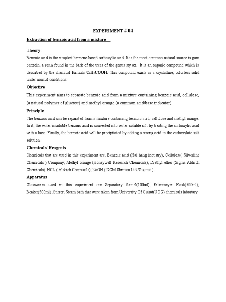 EXPERIMENT Benzoic Acid Synthesis | PDF | Acid | Filtration