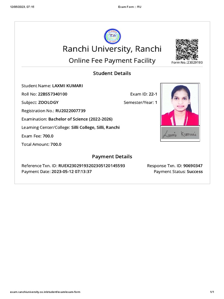 Zoology Exam Form Payment Confirmation | PDF
