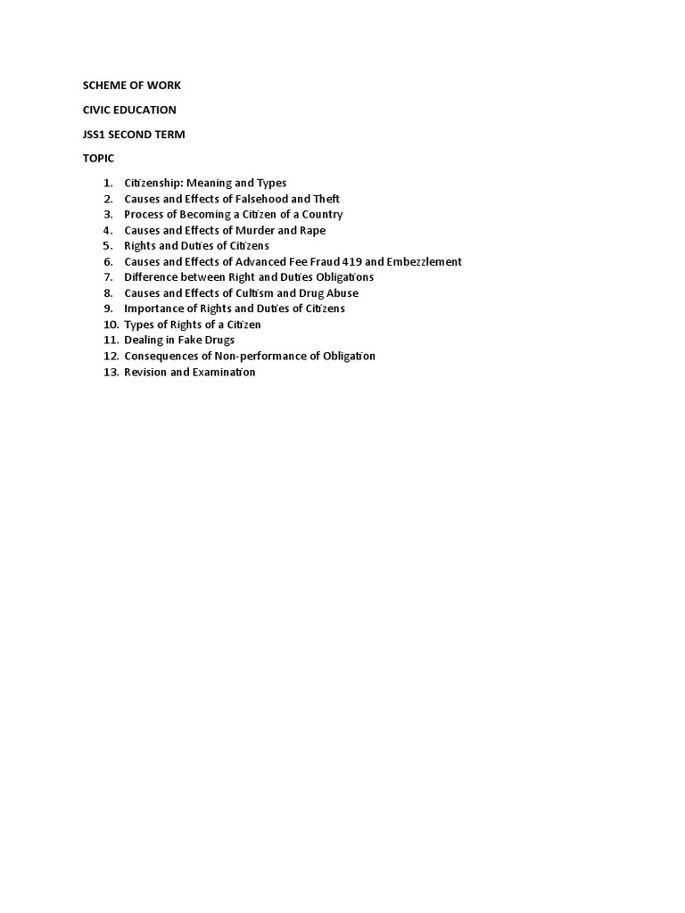 JSS1 Civic Education Second Term Overview | PDF | Citizenship | Rights