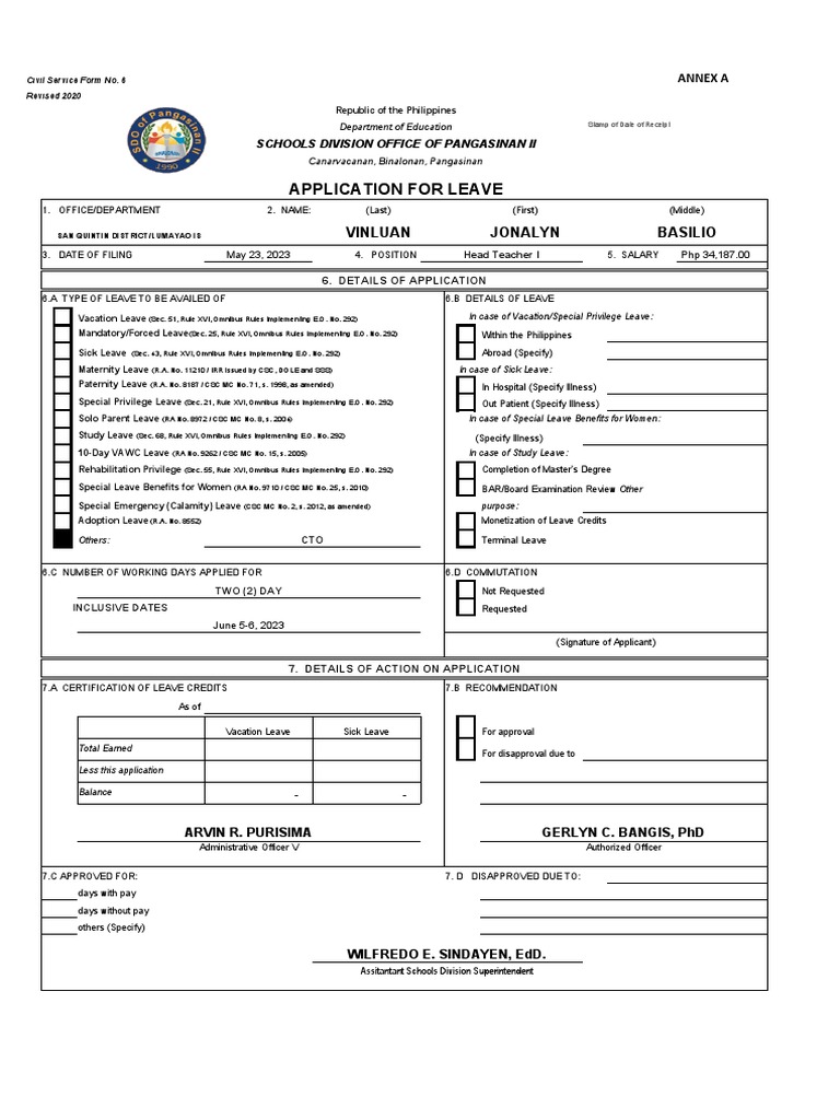 F6 Leave Form Revised 2020 1 | PDF