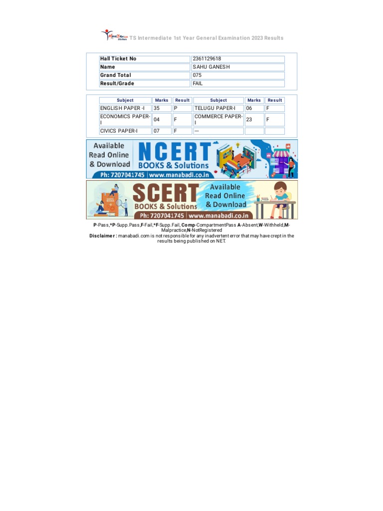 Manabadi TS Intermediate First 1st Year Results 2023 From | PDF