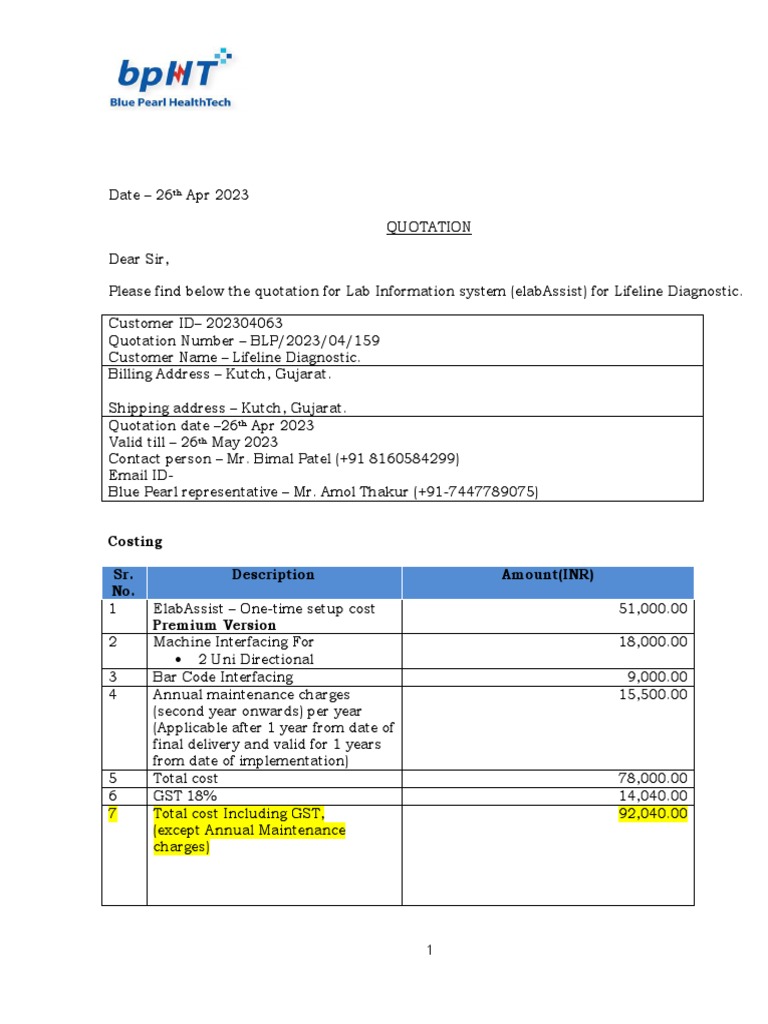 Lifeline Diagnostic. - Quotation (eLabAssist (Premium Version) | PDF