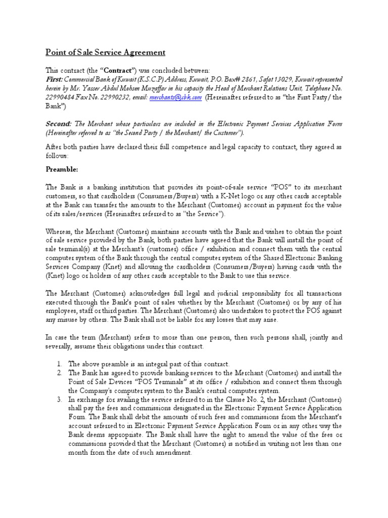 Point of Sale Agreement | PDF