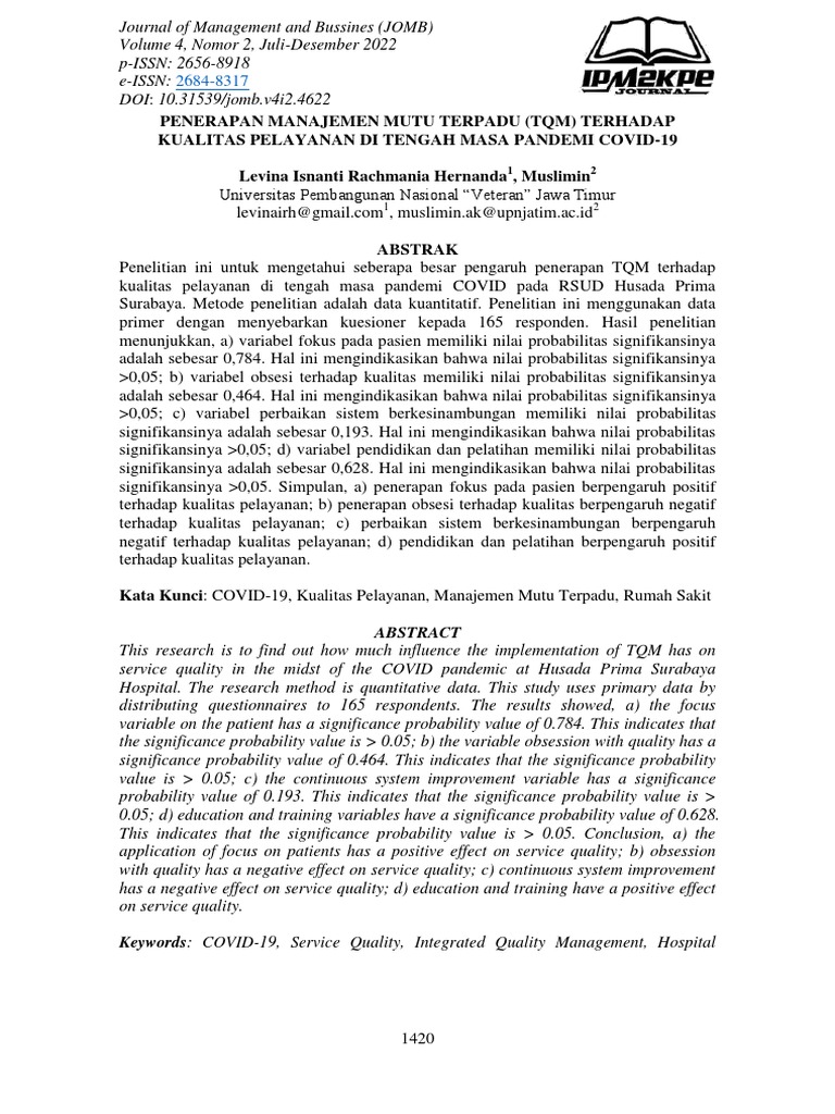 Penerapan Manajemen Mutu Terpadu (TQM) Terhadap | PDF