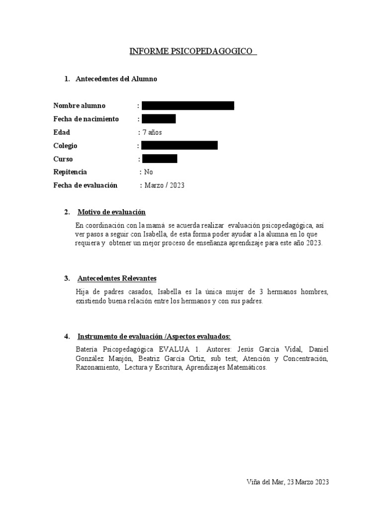 Informe Psicopedagógico de Isabella Ghiringhelli | PDF