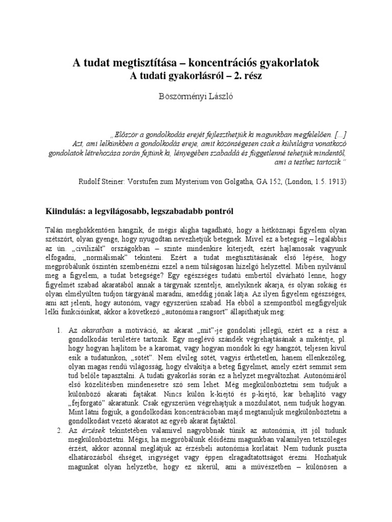 A Tudat Megtisztítása Koncentrációs Gyakorlatok A Tudati Gyakorlásról 2. Rész | PDF