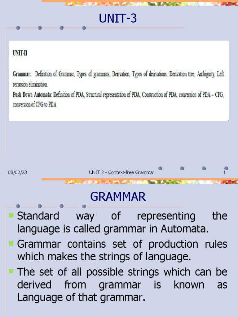 UNIT-3: 08/02/23 UNIT 2 - Context-Free Grammar 1 | PDF | Syntax | Applied Mathematics