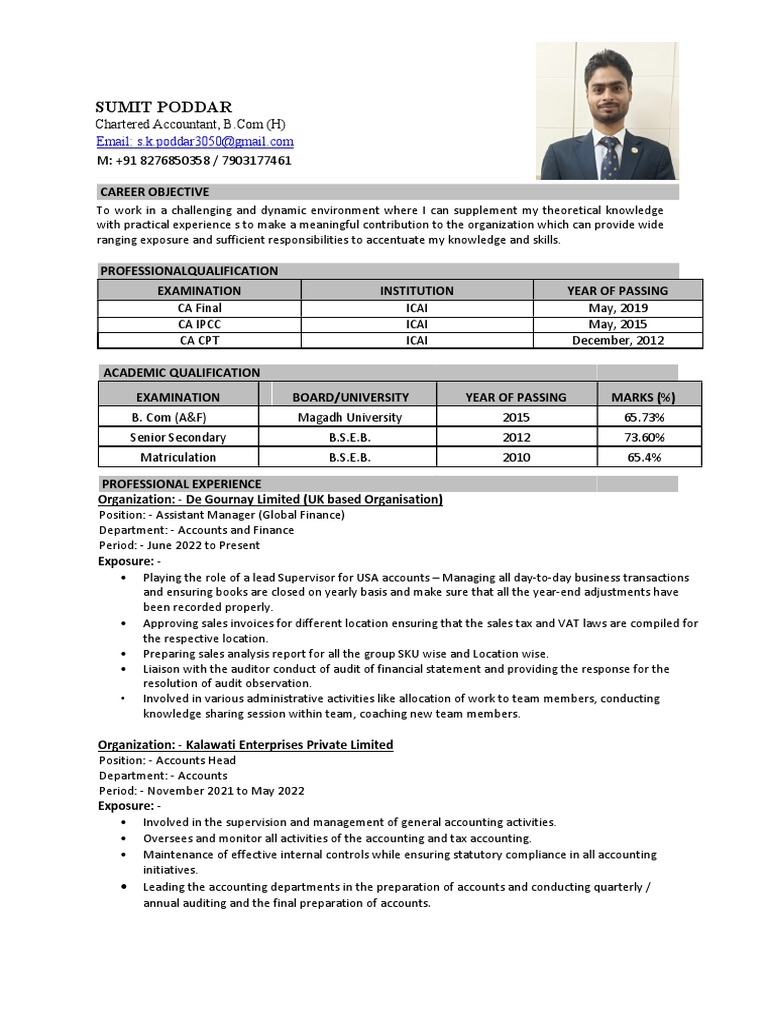 CA Sumit Poddar - Resume | PDF | Accounting | Audit CA Sumit Poddar - Resume | PDF | Accounting | Audit