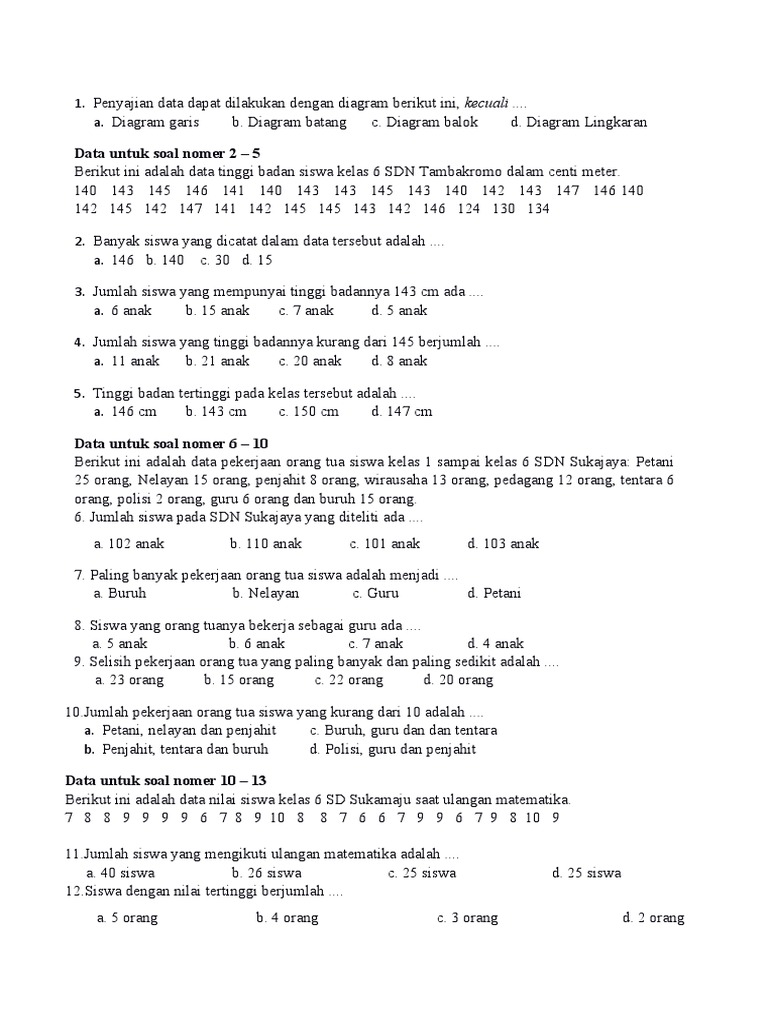 Soal Latihan Pengolahan Data Kelas 6 Semester 2 | PDF Soal Latihan Pengolahan Data Kelas 6 Semester 2 | PDF