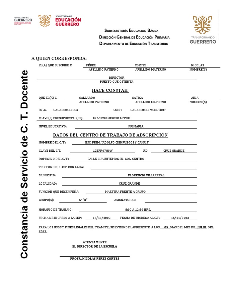 Constancia de Servicio Blanco | PDF