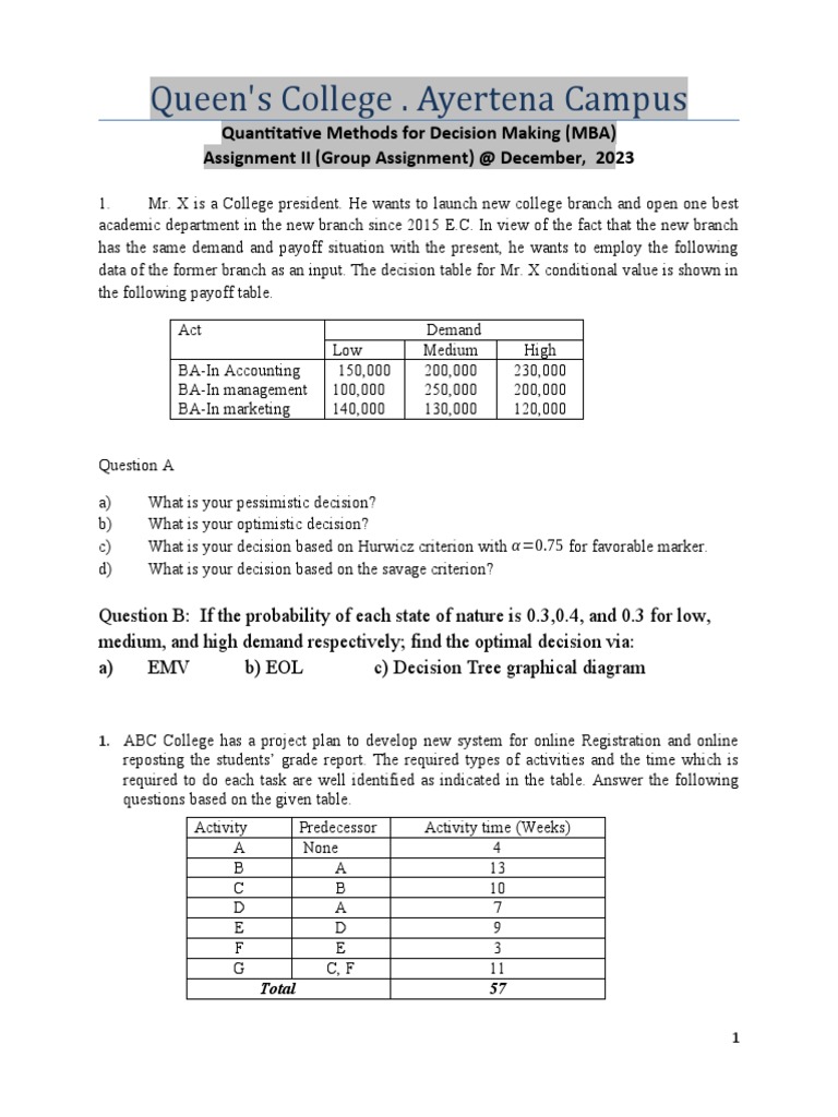 42 Group Assignment, Quantitative Method Queens College Edited | PDF ...