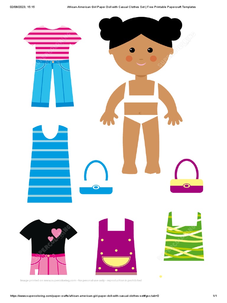 African-American Girl Paper Doll With Casual Clothes Set - Free ...