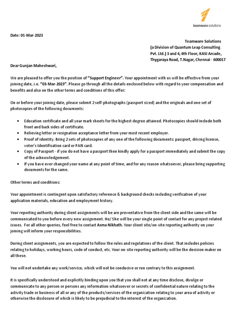 Gunjan Maheshwari Offer Letter | PDF