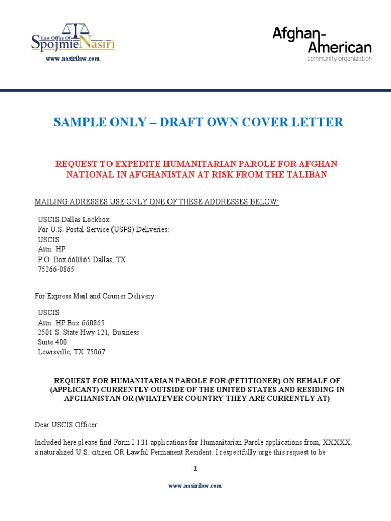Sample Cover Letter For Humanitarian Parole English Dari Pashto | PDF ...