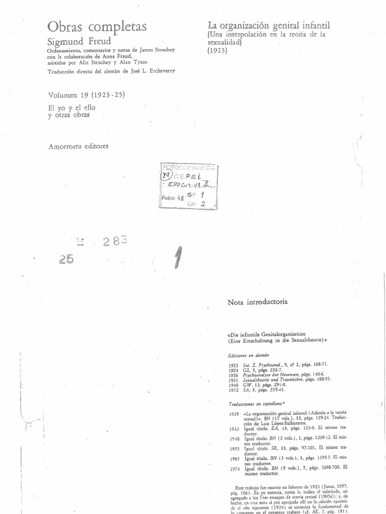 FREUD, S. (1923) - "La Organización Genital Infantil". Obras Completas ...