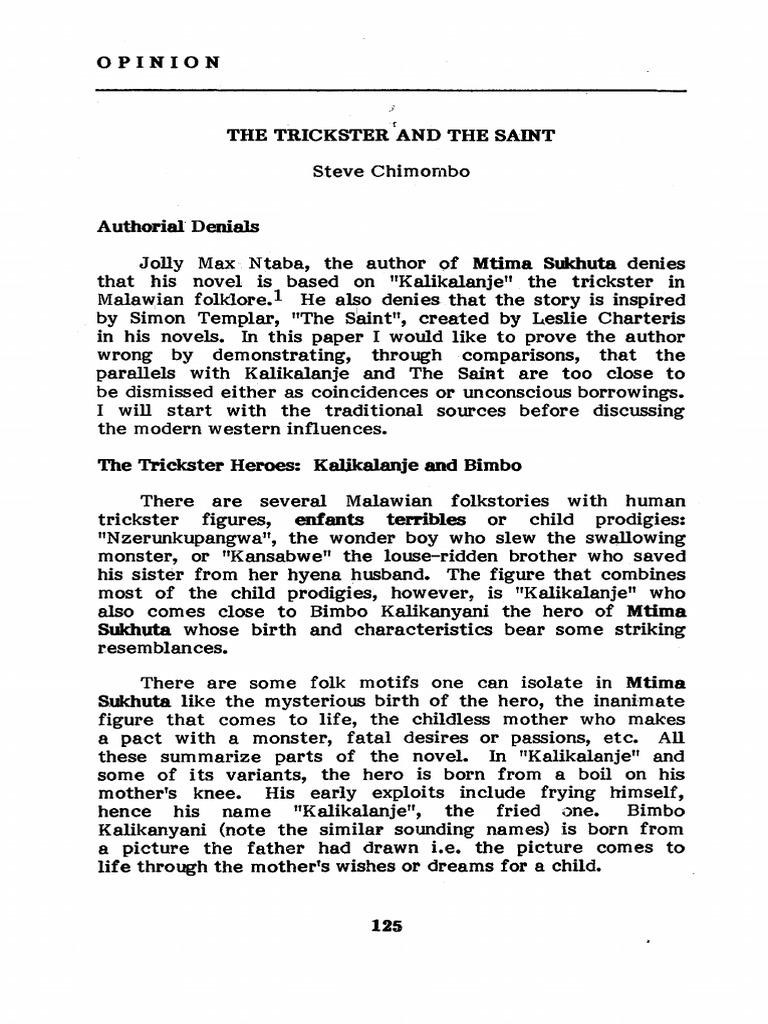 Chimombo-1988-The Trickster and The Saint | PDF